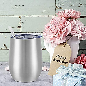 Stainless Steel Wine Tumbler 12Oz, Double Wall Vacuum Insulated Wine Tumbler with Lid and Straw, Stainless Steel Stemless Wine Glass for Wine, Coffee, Cocktails, Champaign, Ice Cream, Silver…