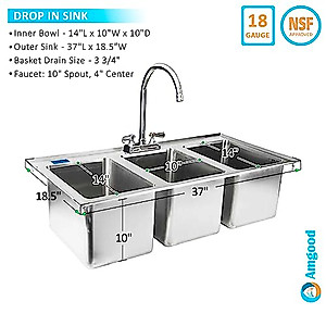 AmGood Stainless Steel Drop Sink - 3 Compartment Drop in Sink | NSF Certified (10" x 14" x 10" With Faucet)