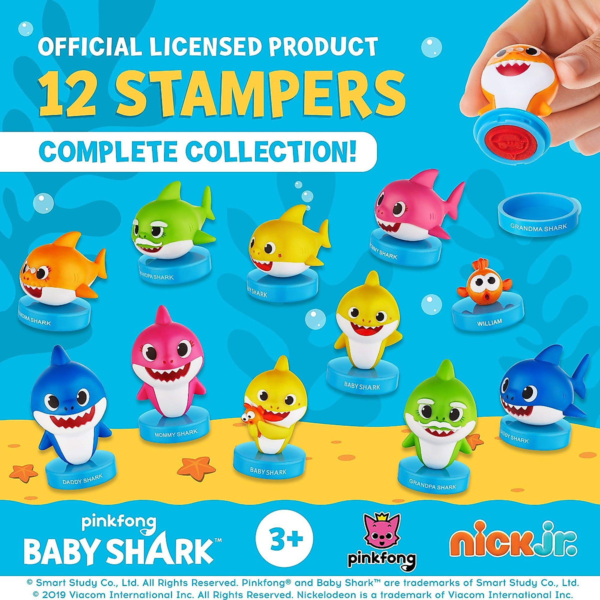Baby Shark Stampers, 12 Pack – Self-Inking Baby Shark Toys, Action Figures, Party Decor, Cake Toppers – Parent, Baby, Grandparent Sharks and William by PMI, 2.4 in., Soft PVC