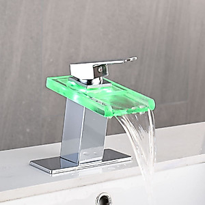 AVSIILE LED Bathroom Sink Faucet, Chrome Waterfall Single Hole Handle Vanity Faucets for Sinks 1 Hole with Metal Pop Up Drain and 2 Water Supply Lines, Open Glass Spout