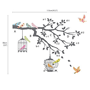 DECOWALL DW-1510 Birds on Tree Branch with Bird Cages Kids Wall Stickers Wall Decals Peel and Stick Removable Wall Stickers for Kids Nursery Bedroom Living Room (Grey) d?cor