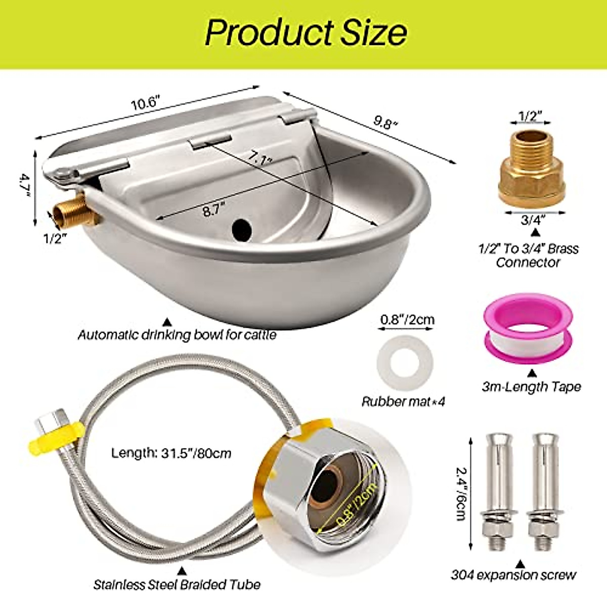 Automatic Waterer Water Bowl with Brass Float Valve Stainless Steel Watering Trough Kits for Livestock Chicken Horse Animal Dogs Cattle Pig Goat, Includes Hose, Brass Connector and Mounting Bolts