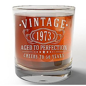 Vintage 1973 Etched Whiskey Glass - 50th Birthday Gifts for Men - Cheers to 50 Years old - 50th Birthday Decorations for Men - Scotch Bourbon Him Dad Women Anniversary Retirement 1.0