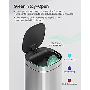 SONGMICS Motion Sensor Trash Can, 13 Gallon Automatic Kitchen Garbage Can, Multi-Colored Indicator Lights, Ozone Odor Control, Stay-Open Lid, Tall, Stainless Steel, Silver ULTB620E50V1