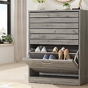 AIEGLE Shoe Storage Cabinet with 2 Flip Drawers for Entryway, Freestanding Shoe Rack Shoe Organiazer with Louver Drawers, Grey Wood (22.4" W x 9.4" D x 29.5" H)