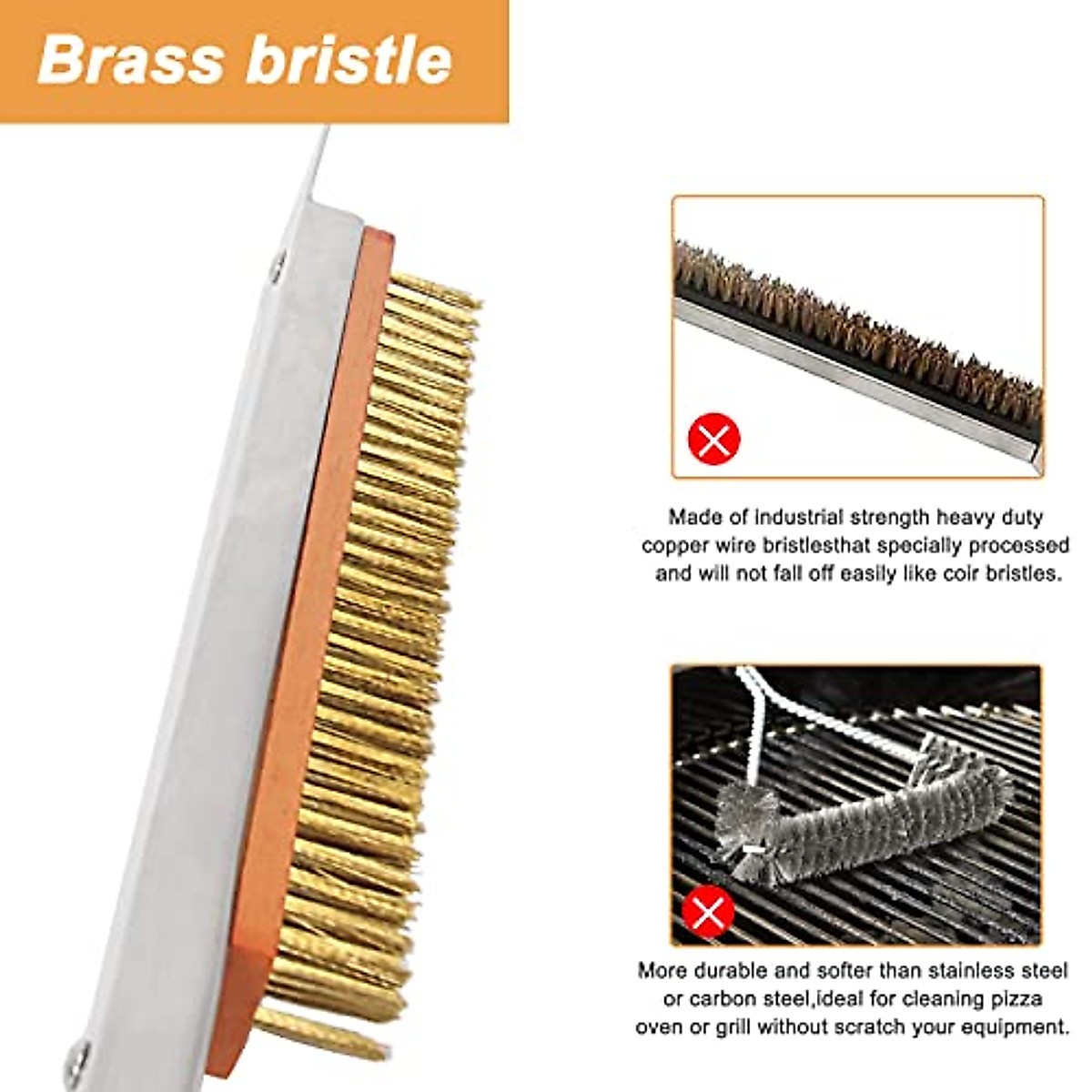 Pizza Oven Brush with Scraper and Ergonomic Silicone Handle, Keeps Your Oven Spotless, Portable Brass Bristles Pizza Stone Brush, Come with Installation Tool, Outdoor Pizza Oven Accessories