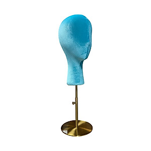 Female Display Velvet Head Dress Form with Adjustable Golden Round Base,Fully Pinnable Head Can Wear Earring! Head for Hat Wig Jewelry Display,Clothing Fabric Head Model, Sky Blue 33cm