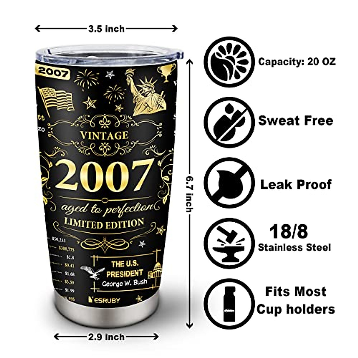 Yesruby Gifts For 16 Year Old Boy, Sweet 16 Gifts Tumbler 20oz, 16th Birthday Gifts For Boys, Sweet 16 Birthday Decorations, 16th Birthday Decorations For Boys, 2007 Birthday Gifts Travel Cup (1pc)