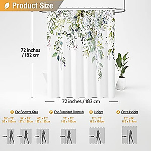 BTTN Eucalyptus Plant Shower Curtain, Floral Fabric Shower Curtain Set with 12 Plastic Hooks, Water Resistant, Watercolor Leaves Botanical Natural Shower Curtains for Bathroom, 72x72, Sage Green