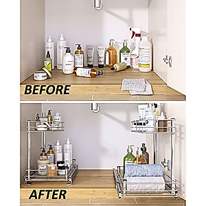 HANKEY Pull-Out Home organizers,Under Sink 2 Tier Pull Out Cabinet Organizer for Kitchen/Bathroom Organizers and Storage- 10.47W x 16.93D x 14.56H，Heavy Duty Metal