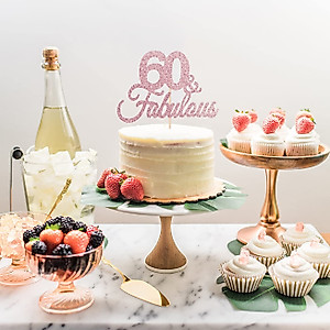 Glitter Double Sided Rose Gold 60 and fabulous Cake Topper, 60th Cake Topper for 60th Fabulous Birthday Wedding Anniversay Party Decoration