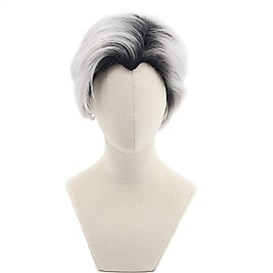 SpeedBeauty Man's Short Curly Silver Grey Boot Black Cosplay Wig Halloween Costume Wig