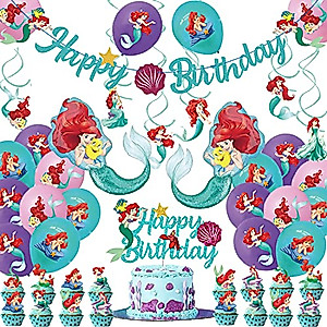 GOGOPARTY Little Mermaid Birthday Decorations , 52 Pcs Mermaid Ariel Birthday Party Supplies Include Banner, Cake Topper, Cupcake Topper, Balloons, Swirl for Kids Baby Shower Mermaid Party Decors