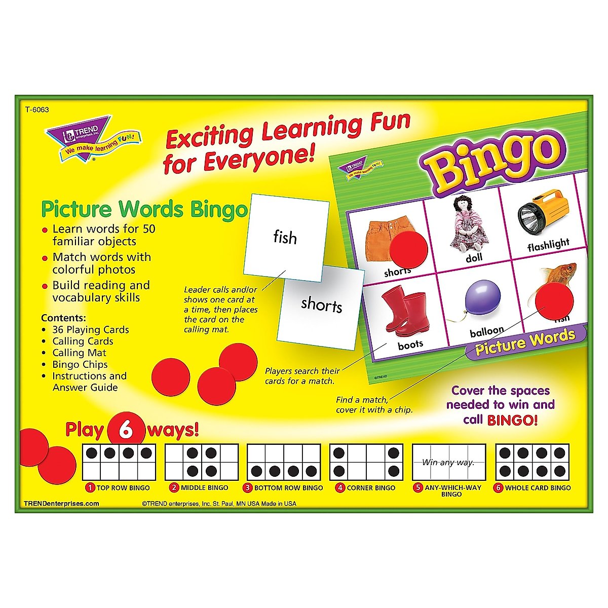 Trend Enterprises: Picture Words Bingo Game, Exciting Way for Everyone to Learn, Play 6 Different Ways, Perfect for Classrooms and at Home, 2 to 36 Players, for Ages 5 and Up