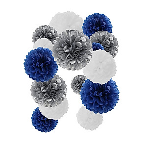 Tissue Paper Pom-Poms Party Decorations - 15pcs 5 Size Navy Blue White Silver Paper Flowers,Graduation Wedding Baby Bridal Shower Room Hanging Decorations Boy Birthday Party Backdrop Decor Panduola