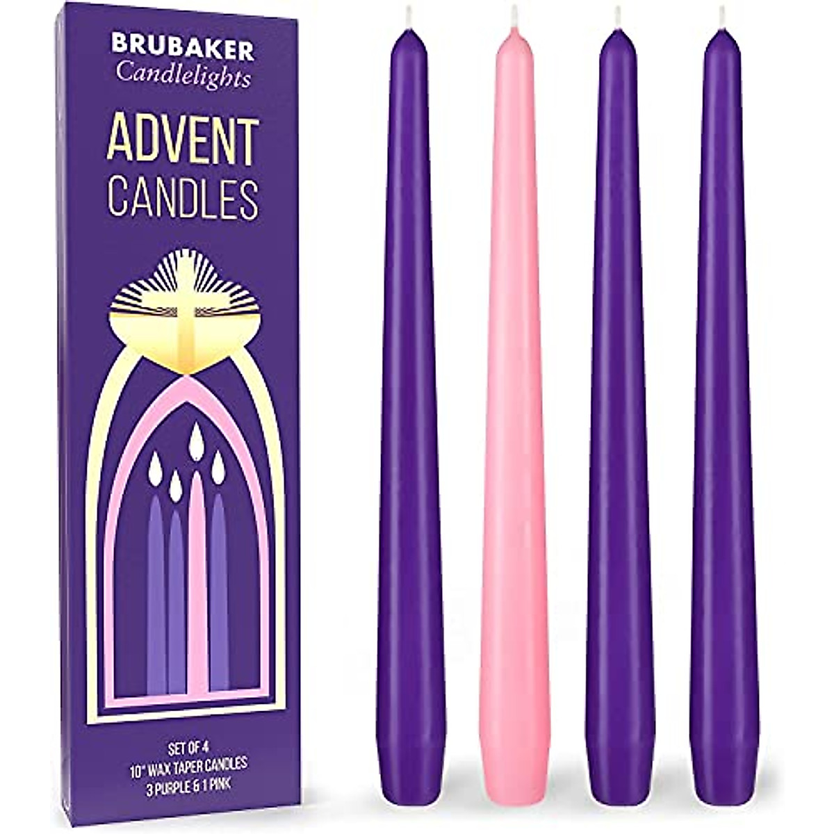 BRUBAKER 4 pcs Advent Candles Purple and Pink - 10 Inch Taper Candles for Christmas, Church and Celebrations - Unscented and Dripless - Made in Europe