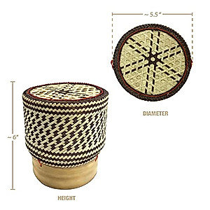 PANWA Bamboo Sticky Rice Serving Basket Thai Kratip Container - Chocolate Colored- 5.5 Inch Diameter with 16 Inch Round 6 Pack Reusable Cheesecloth