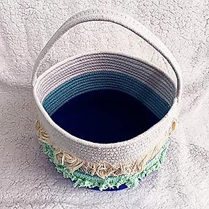 Rope Easter Basket for Kids - Easter Rope Basket with Tassel Encircled, Easter Blues Boys Basket, 9.5"D × 8"H Size, Design by QLTLQS-1986 (Blue)
