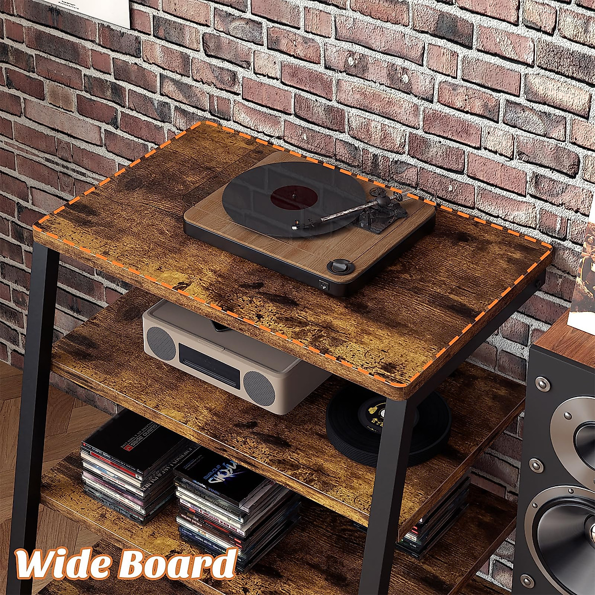 AV Media Stand with Outlets, Media Console with LED Lights, Stereo Racks and Stands with Storage Shelves, Media Audio Tower Cabinet, Rustic Brown