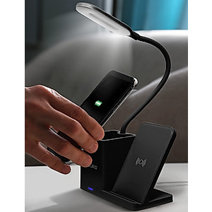 Aduro U-Light LED Desk Lamp Organizer Desk Light with Pen Holder & QI Wireless Charger Stand Black