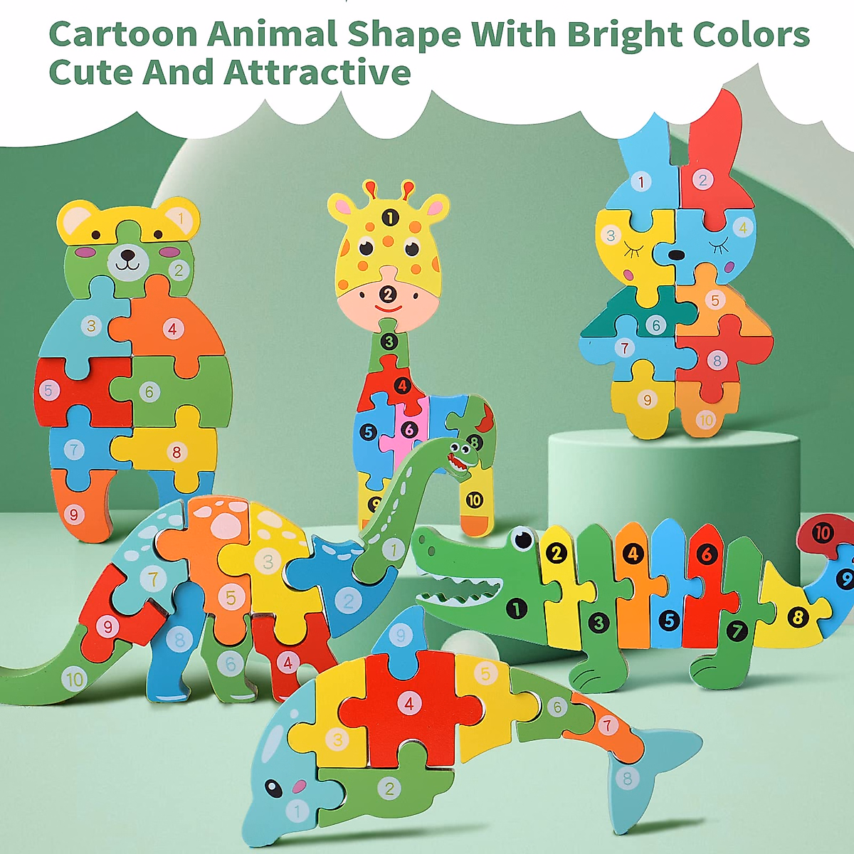 SHIERDU Wooden Puzzles for Kids, Toddler Number Puzzle, Old Wooden Dinosaur Puzzles and Animal Jigsaw Toys for Boy Girl Ideal Gift, 2-6 Years, Pack of 6, 2-1