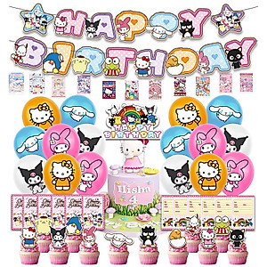 Generic Kawaii Birthday Decorations，Birthday Party Supplies-Include Birthday Banner Cake Toppers Balloons,50 Stickers，Friendship Theme Birthday Party Decorations (color)
