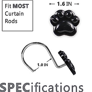 Black Decorative Shower Curtain Hooks: Cute Lovely Funny Cat Dog Bear Animal Paw Print Shower Curtain Rings Hooks & Hangers for Kids Children Bathroom Décor - Set of 12