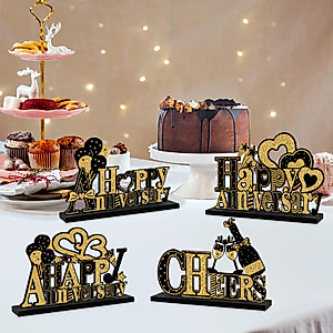 4 Pieces Anniversary Decorations Wooden Table Centerpieces, Black Gold Happy Wedding Anniversary Table Sign Party Supplies, 10th 20th 30th 40th 50th 60th Anniversary Table Decor for Indoor Outdoor