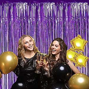 Muhome Purple Foil Fringe Curtain, 2PCS 3.28FT x 8.2FT Tinsel Door Curtains & 1 Masking Tape Purple Fringe Backdrop for Wedding Birthday Bachelorette Mardi Gras Carnival Party Decorations