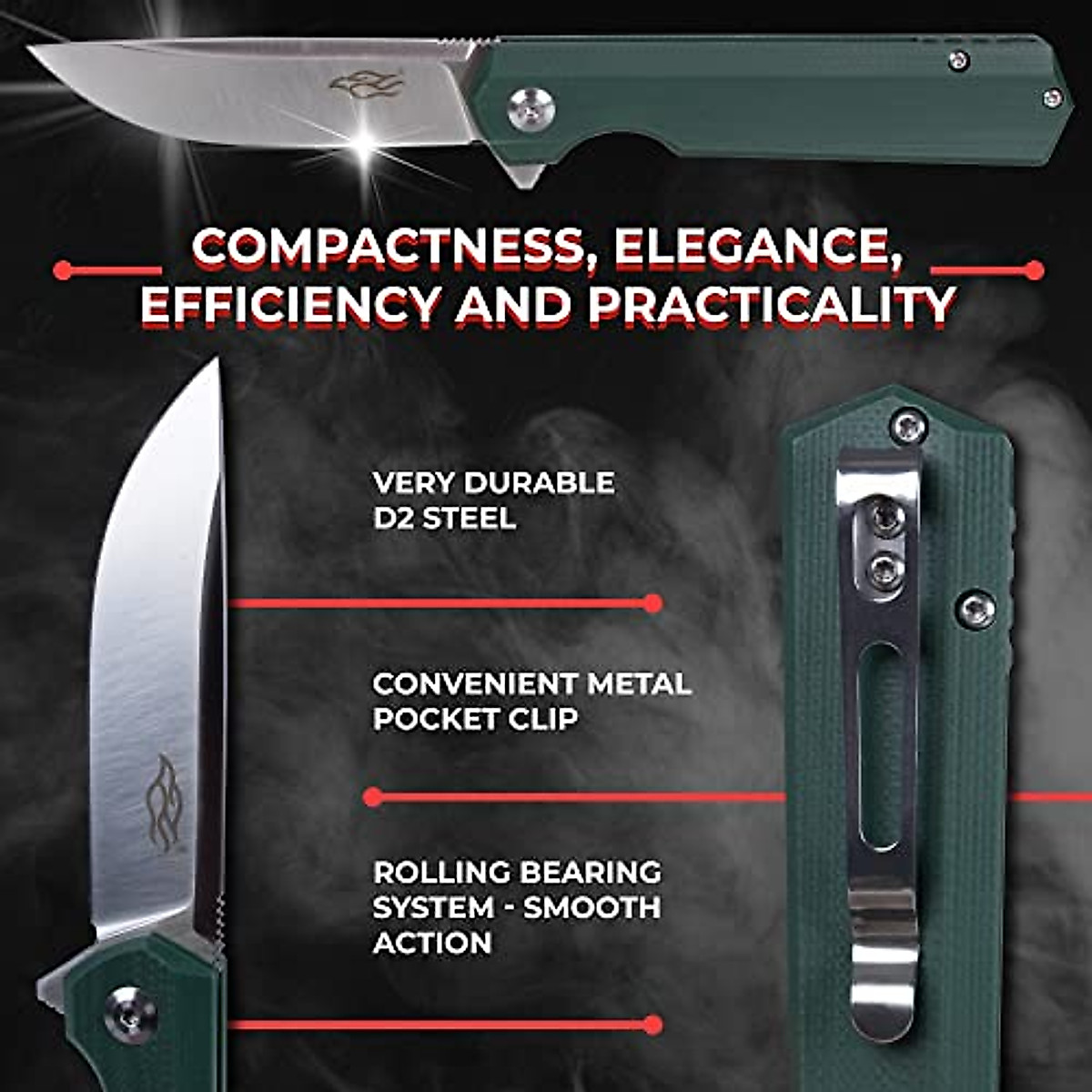 Firebird GANZO FH11 Top Pocket Folding Knife D2 Steel Blade Anti-slip G10 Handle with Clip Hunting Gear Fishing Camping Outdoor Folder EDC Pocket Knife (Green)