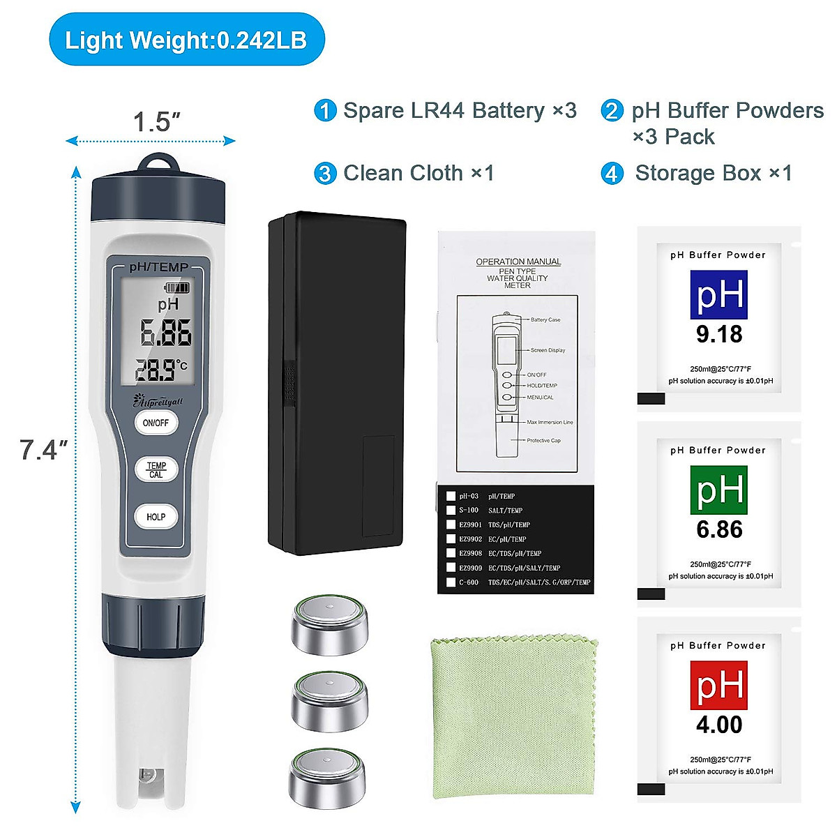 Allprettyall Digital PH Meter for Water PH Tester 0.01 PH High Accuracy Water PH and Temp Tester with Lock Reading Function for Drinking Water, Food Processing, Lab, Hydroponics, Aquarium …