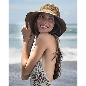FURTALK Sun Hats for Women Summer Beach Hat Wide Brim Handmade Straw Hat Foldable Packable UPF 50 Crochet Travel Bucket Hat Khaki