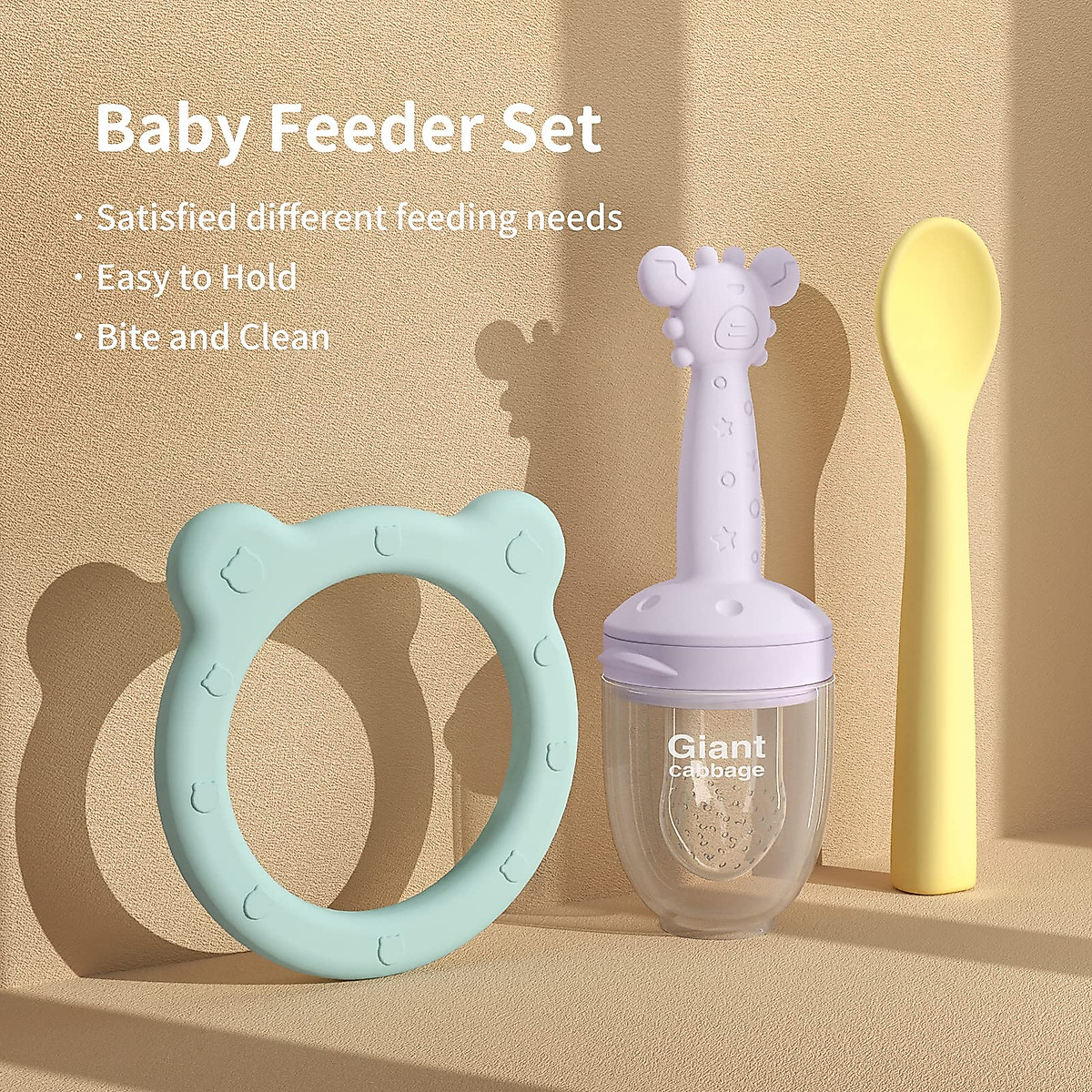 Giant Cabbage Baby Food Fruit Feeder, Silicone Baby Spoons Self Feeding 6 Months, Teething Toys for Babies 6-12 Months, Baby Feeding Supplies Toddler Utensil Teething Pacifier (Purple Yellow Blue)