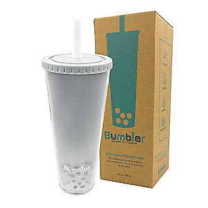 Bumbler 24oz Large Reusable Portable Eco-Friendly Tumbler | Drinking Cup with Wide Soft Tip Straw, Aesthetic Leak-Proof Lid – for Boba Tea, Smoothies, Iced Coffee, Hot or Cold Drinks – White