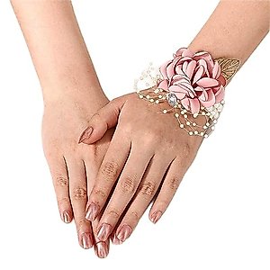 Fstrend Wedding Bridal Corsage Bridesmaid Pearl Leaf Wrist Flower Party Prom Hand Flower Crystal Bride Wedding Accessories for Women and Girls (Pink)