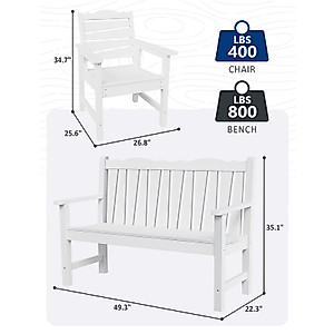 LAHAAP Outdoor Bench Set, Weatherproof Patio Furniture 3 Pieces Conversation Sets, Include Outdoor Bench + 2 Patio Chairs, for Garden Porch Lawn & Backyard (White)