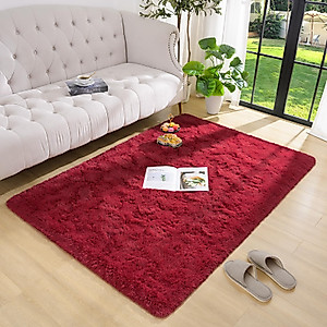 DETUM Wine Red Rug 4X6 Rugs for Bedroom Fluffy Christmas Area Rug Soft Living Room Shag Rug Large Furry Rug Washable and Nonslip Carpets Modern Home Decoration