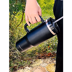 40 oz Tumbler with Handle and Straw, Black Insulated Travel Mug Iced Coffee Cup, Reusable Stainless Steel Insulated Water Bottle, Keeps Drinks Cold for 24 Hours, Dishwasher Safe, BPA Free, Large