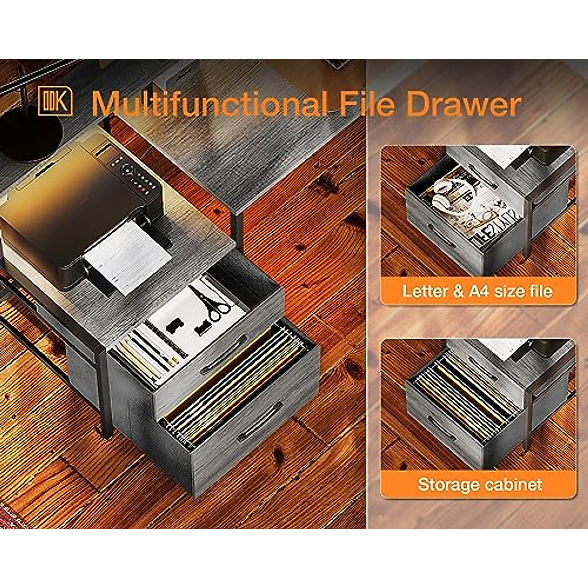 ODK L Shaped Desk with File Drawer, 75" Reversible L Shaped Computer Desk with Power Outlet & LED Strip, Home Office Desk with Storage Shelves, Gaming Desk with Monitor Shelf, Corner Desk, Grey Oak