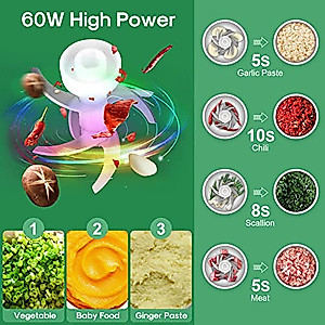 300ML Electric Mini Food Processor, 60W Cordless Food Press Garlic Chopper, Mini Blender For Garlic,Vegetable,Fruit,Onions,Chili,Meat,Salad,Baby Food, Glass Container (Green)
