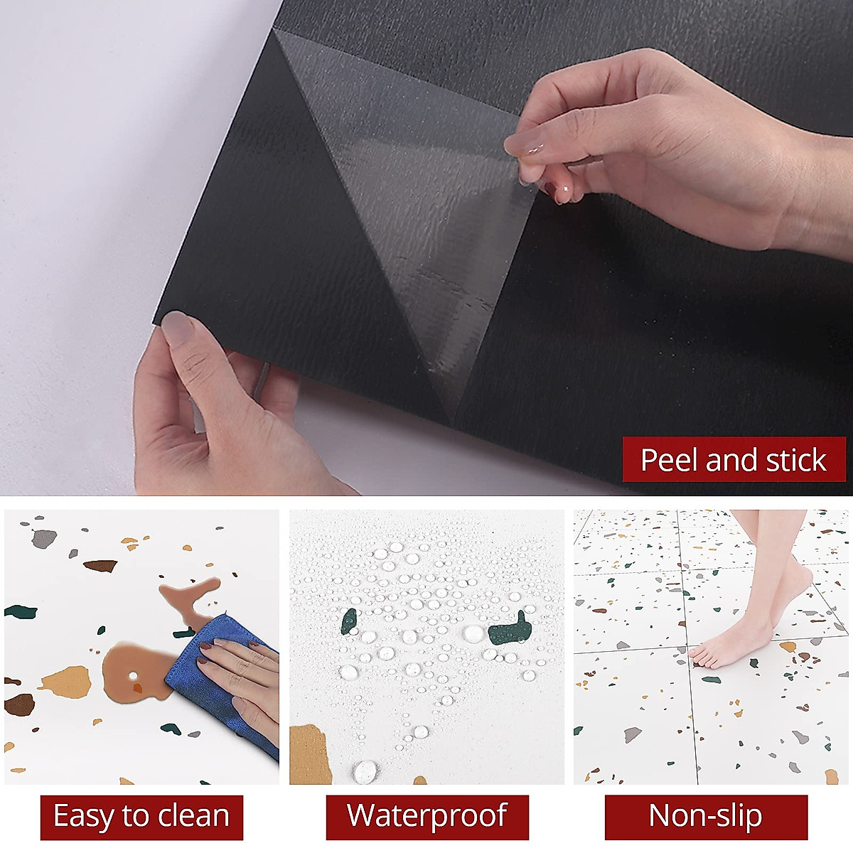 WESTICK Terrazzo Peel and Stick Flooring for Bathroom Removable Floor Tiles Peel and Stick Waterproof Self Adhesive Vinyl Flooring Terrazzo Peel and Stick Floor Tile for Kitchen Bedroom 10PCS 12"x12"
