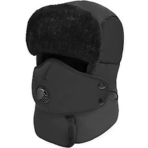 Winter Trapper Hat for Men & Women, Trooper Hunting Russian Fur Hat with Ear Flap & Mask Ushanka Aviator Hat for Cold Weather Black