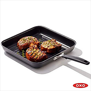 OXO Good Grips 11” Square Grill Pan, 3-Layered German Engineered Nonstick Coating, Stainless Steel Handle with Nonslip Silicone, Black