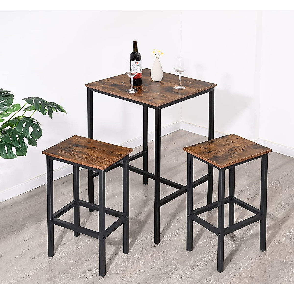 RokiaTek Bar Table Pub Dining Height Table Small Kitchen Table 23.6”L x 23.6”W x 36.4”H Industrial for Living Room Study, Steel Frame and MDF Table Top, Rustic Brown and Black