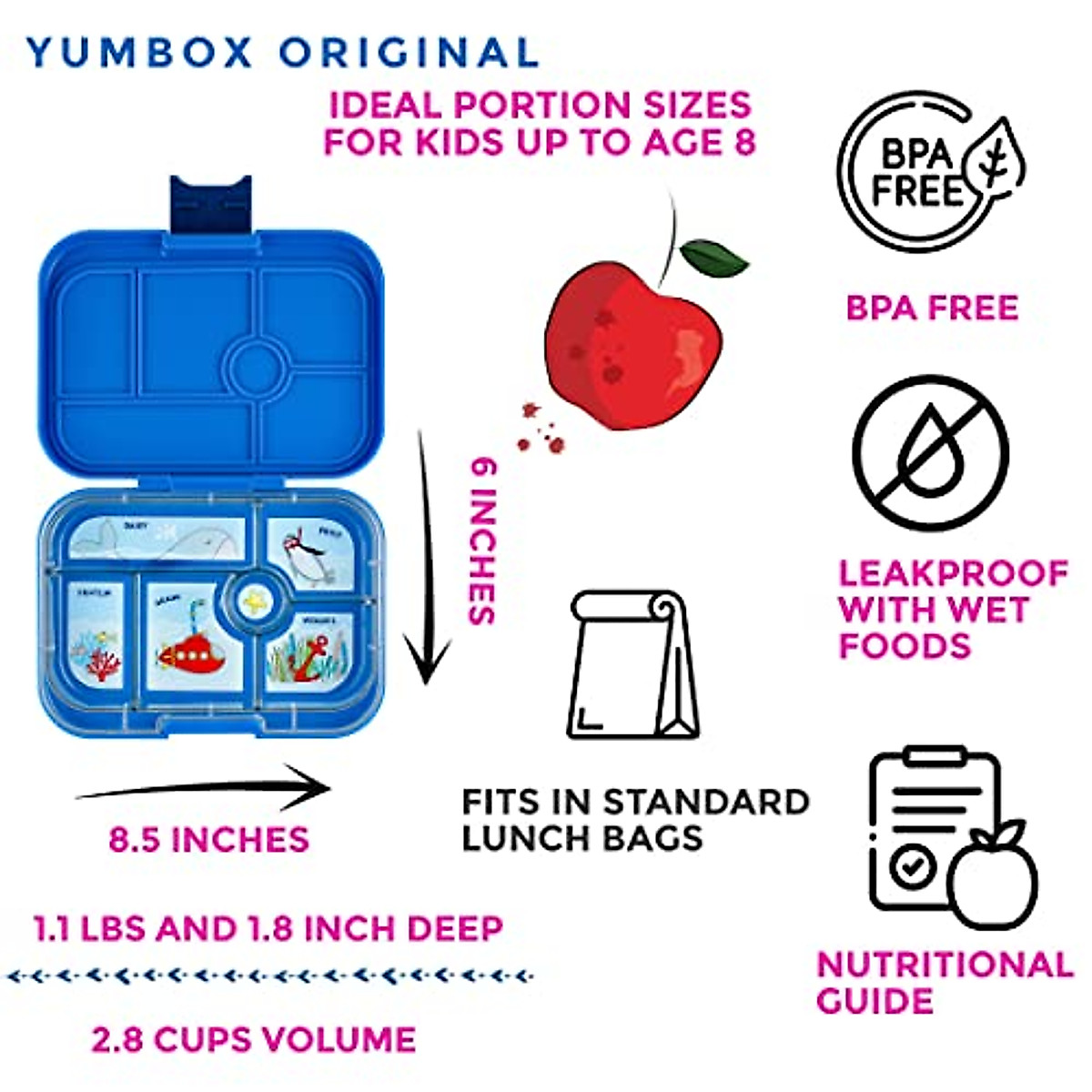 Yumbox Bento Lunch box for Kids (2-7); Leakproof 5-Compartment Design; Fits Standard Lunch Bags; Easy-Open Latch; Healthy Portion Control; Lightweight, Durable & BPA-Free (Surf Blue)