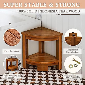 TEAKMAMA 16.5" Teak Corner Shower Bench for Shaving Legs,Corner Shower Stool with Shelf,Sturdy Teak Wood Seat Fits Nicely into Your Shower Corner - Space Saving,Waterproof,Easy to Assemble