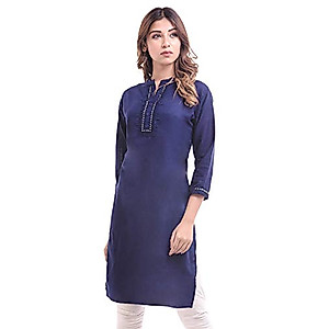 Chichi Indian Women's Plain Cotton Kurti Top, Blue, Small
