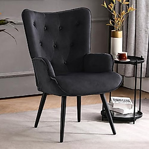 Furniliving Velvet Accent Chair Modern Upholstered Side Armchair with Tapered Legs Tufted Button Wingback Sofa Chairs Tall Back Reading for Living Room Bedroom Waiting Room, Black
