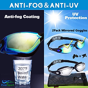 EverSport Swim Goggles, Pack of 2 Swimming Goggles, Swim Glasses No Leaking Anti Fog UV Protection for Adult Men Women Youth Kids Child, Watertight(Mirrored Black&Aqua)