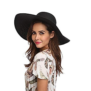 Lanzom Womens Wide Brim Straw Hat Big Floppy Foldable Roll up Cap Beach Sun Hat UPF 50+(Twine-Black)